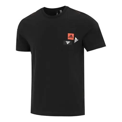 Adidas Solid Color Logo Pocket Athleisure Casual Sports Round Neck Short Sleeve Black T-shirt - Default Color