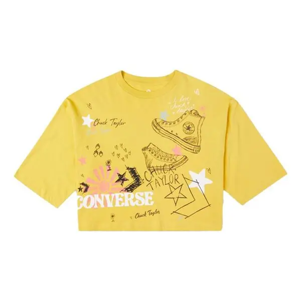 CONVERSE Notebook Doodle Graphic Cropped T-shirt - Yellow