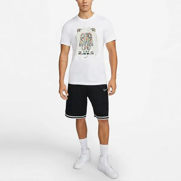 Nike Lebron James Lion Pattern Round Neck Pullover Short Sleeve White T-shirt - Multi-color