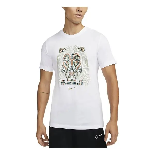 Nike Lebron James Lion Pattern Round Neck Pullover Short Sleeve White T-shirt - Multi-color