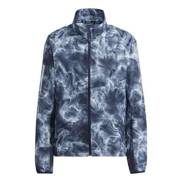 Adidas Own The Run Allover Print Hooded Running Windbreaker Jacket - Blue/white