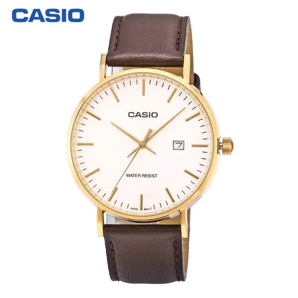 Casio Analog Quartz Watch With White Dial And Brown Leather Strap