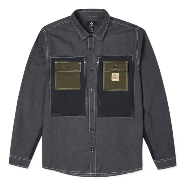 CONVERSE Flowers Small Logo Retro Splicing Contrasting Colors Woven Shirt Jacket Dark - Black