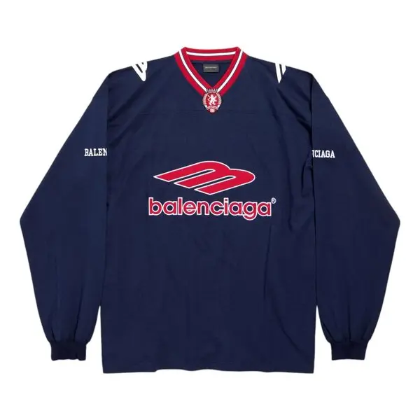 Balenciaga Long Sleeve V-neck T-shirt - Dark Navy/red