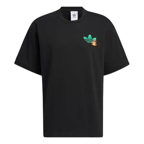 Adidas Logo Cartoon Pattern Embroidered Round Neck Short Sleeve Black T-shirt - Default Colorway