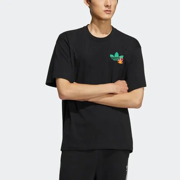 Adidas Logo Cartoon Pattern Embroidered Round Neck Short Sleeve Black T-shirt