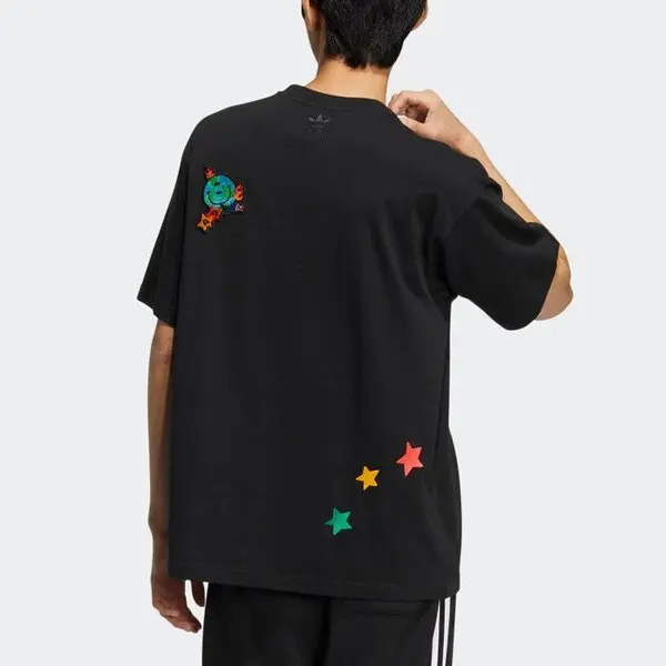 Adidas Logo Cartoon Pattern Embroidered Round Neck Short Sleeve Black T-shirt