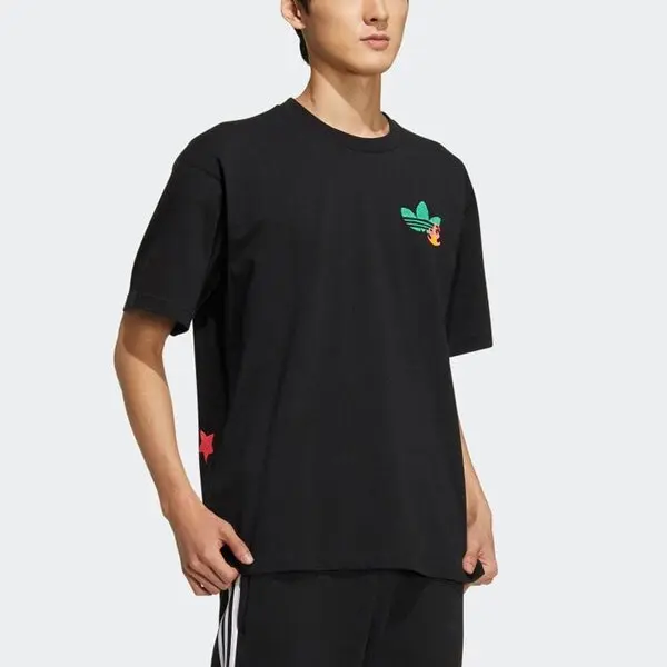 Adidas Logo Cartoon Pattern Embroidered Round Neck Short Sleeve Black T-shirt