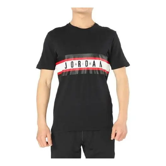 JORDAN Splicing Alphabet Logo Printing Casual Short Sleeve Black T-shirt - Multi-color