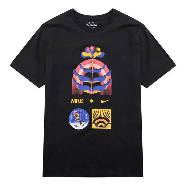 Nike Printing Pattern Round Neck Short Sleeve Black - Multi-color