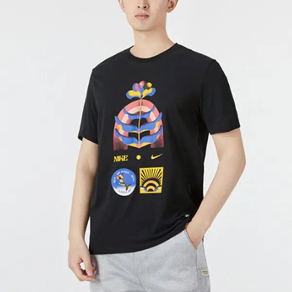 Nike Printing Pattern Round Neck Short Sleeve Black - Multi-color