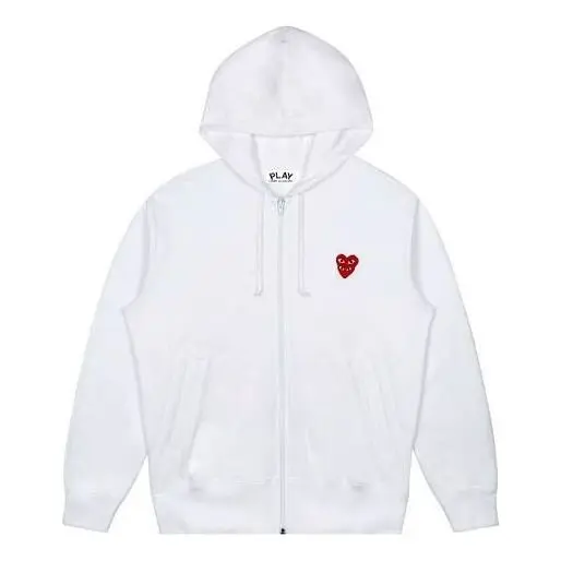Play Comme Des Garcon Zip Up Hooded Sweatshirt With Red Heart Emblem - White