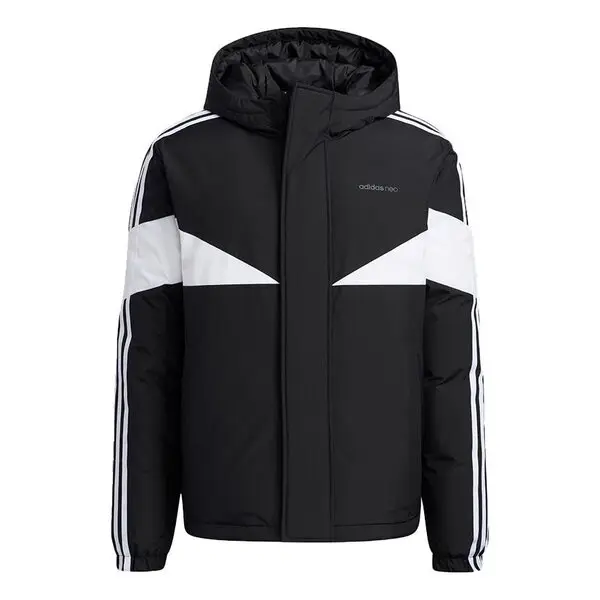 Adidas Neo Hooded Down Feather Puffer Jacket With Colorblock Stripes - Black