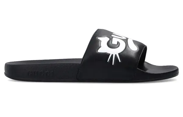 Gucci Pursuit Cat Leather Pool Slide - Black/white