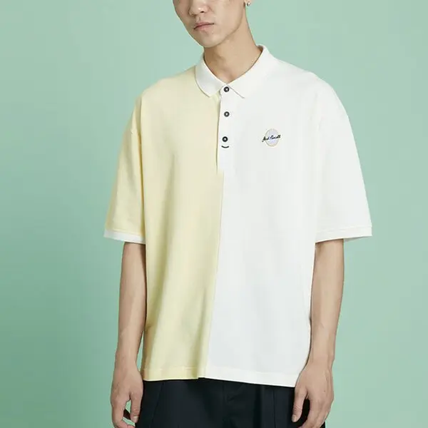 CONVERSE Splicing Colorblock Lapel Short Sleeve Cream Yellow Polo Shirt - Creamyellow