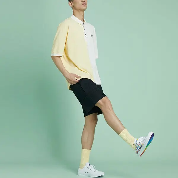 CONVERSE Splicing Colorblock Lapel Short Sleeve Cream Yellow Polo Shirt - Creamyellow