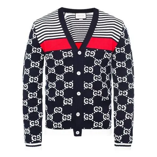 Gucci Wool Knitted Cardigan With Full Logo Stitching - Dark Blue
