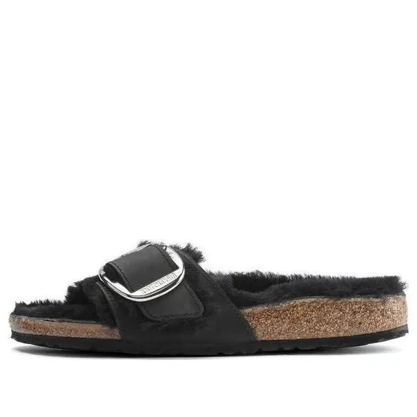 BIRKENSTOCK Madrid Big Buckle Shearling Oiled Leather Slides - Black