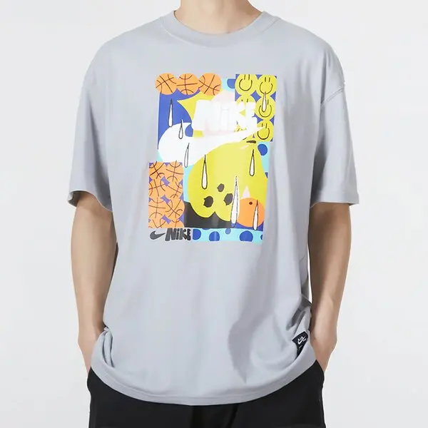 Nike Smiling Face Basketball Pattern Printing Breathable Sports Short Sleeve Wolf Grey T-shirt - Multi-color