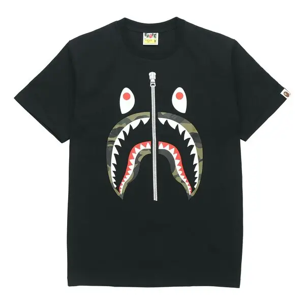A BATHING APE Half Zip Shark Face Tee - Black