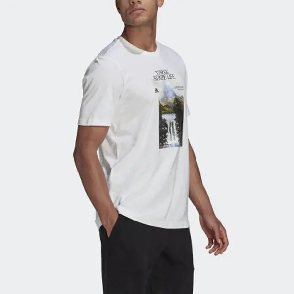 Adidas Snow Mountain Printing Sports Round Neck Short Sleeve White T-shirt - Default Color