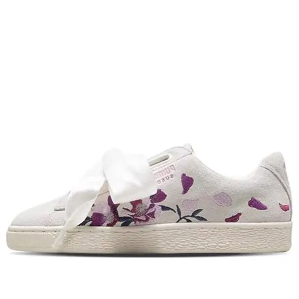 PUMA Suede Heart Flowery Sneakers With Floral Embroidery And Ribbon Detail - White