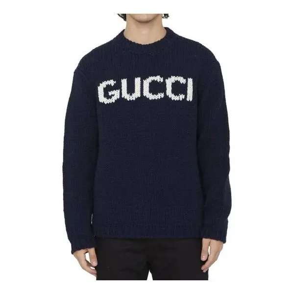 Gucci Wool Jumper With Intarsia Logo - Blue/ivory