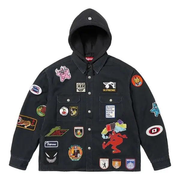 Supreme Patches Hooded Zip Up Shirt - Black