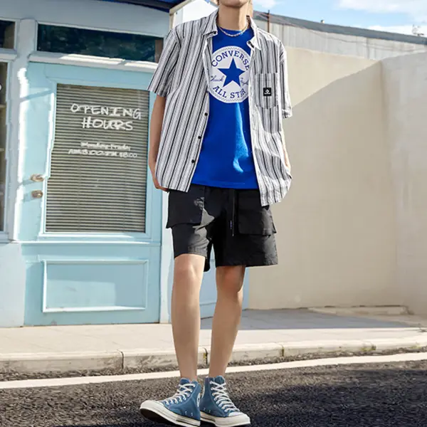 CONVERSE Striped Short Sleeve Button Down Asia Sizing