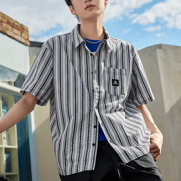 CONVERSE Striped Short Sleeve Button Down Asia Sizing