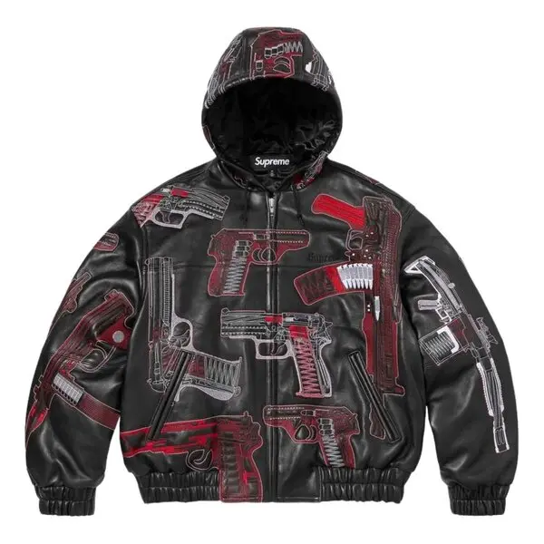 Supreme Ss26 Guns Embroidered Hooded Leather Jacket - Black