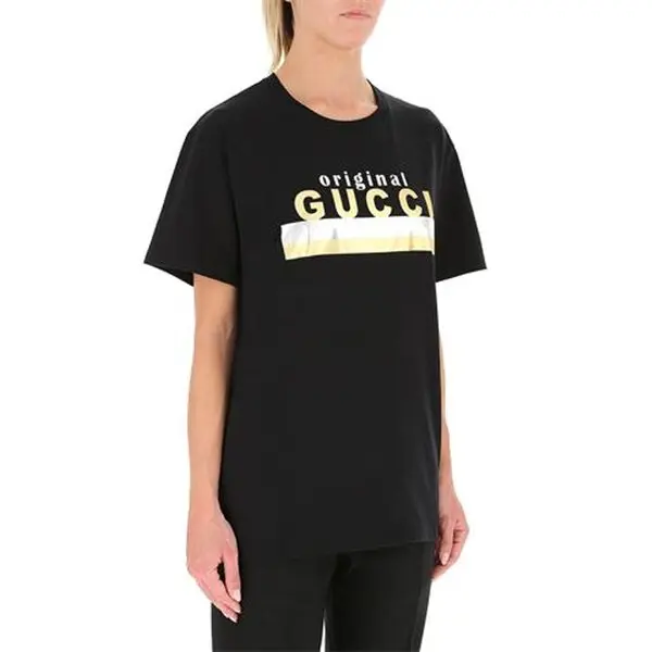 Gucci Gold And Silver Striped Letter Logo Short Sleeve Top