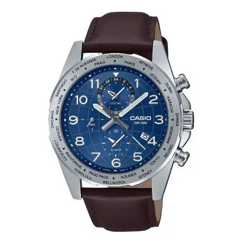 Casio Analog Watch With Leather Strap - Brown/blue/silver