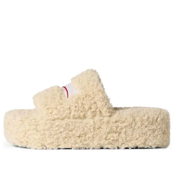 Balenciaga Platform Furry Slides - Beige/white/red