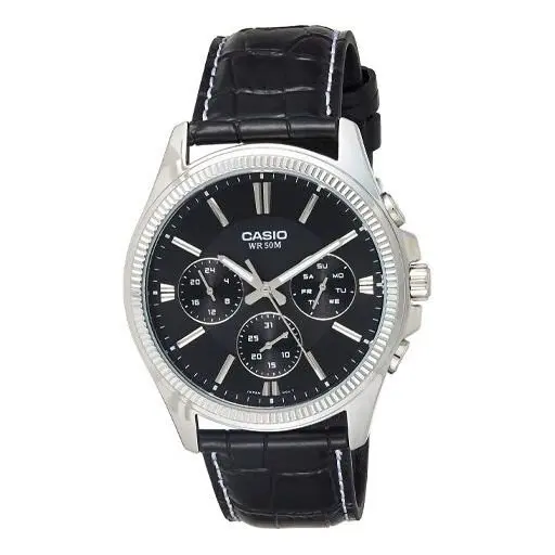 Casio Water Resistant Quartz Watch With Leather Strap - Black