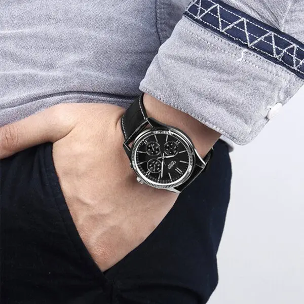 Casio Water Resistant Quartz Watch With Leather Strap - Black