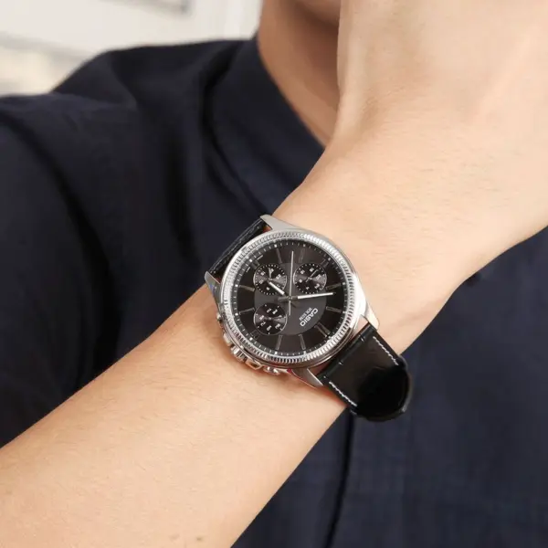 Casio Water Resistant Quartz Watch With Leather Strap - Black