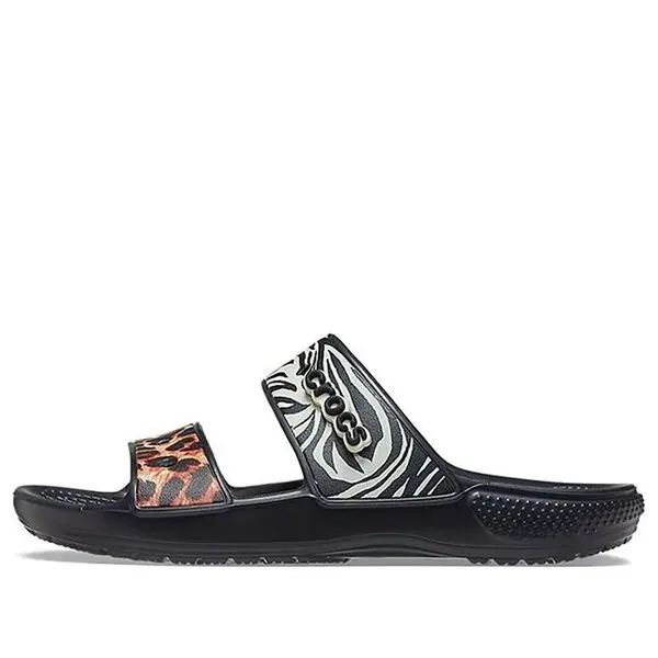 CROCS Classic Two-strap Slides With Animal Print Detailing - Black
