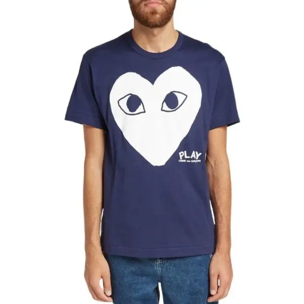 Play Comme Des Garcon White Heart Shape Logo Short Sleeve Tee 'navy