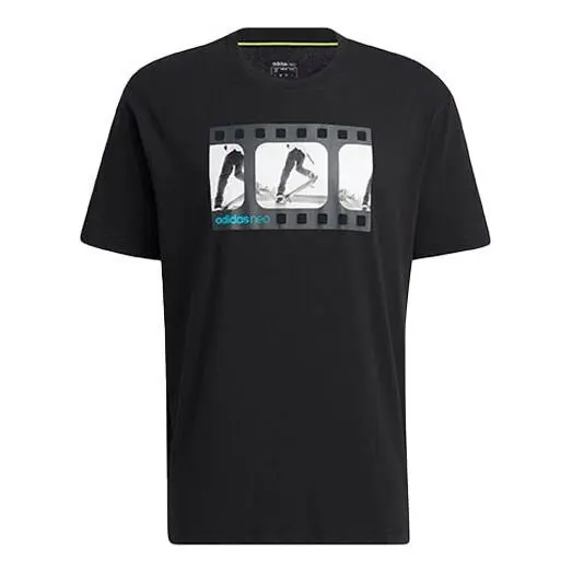 Adidas Neo M Brlv Tee3 Skateboard Sports Printing Loose Knit Short Sleeve - Black
