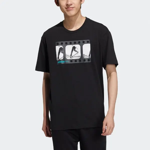 Adidas Neo M Brlv Tee3 Skateboard Sports Printing Loose Knit Short Sleeve - Black