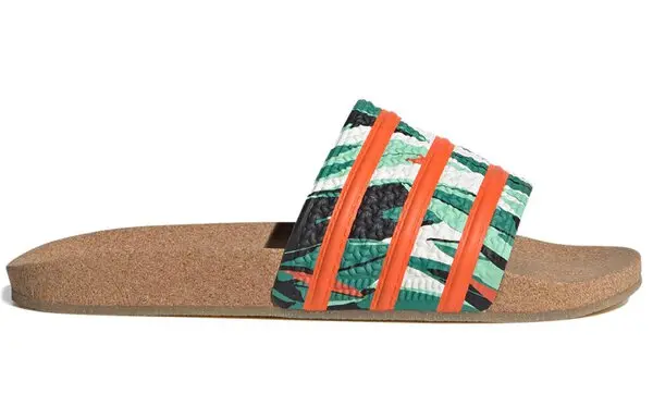 Adidas Adilette Cork Slides With Botanical Print - Green/white/orange