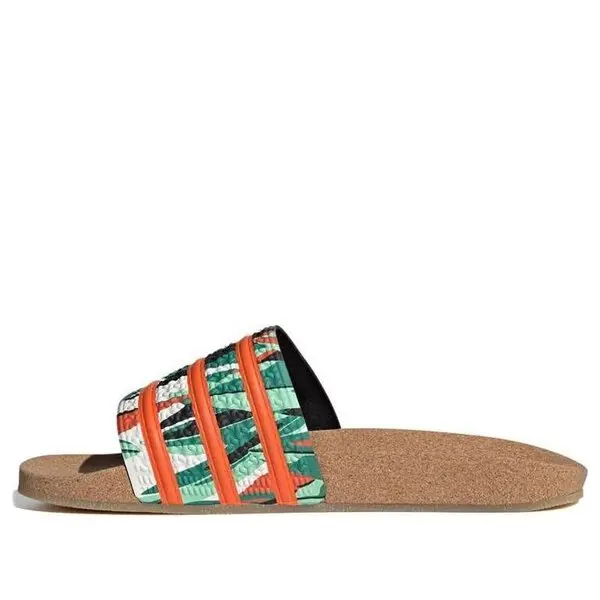Adidas Adilette Cork Slides With Botanical Print - Green/white/orange