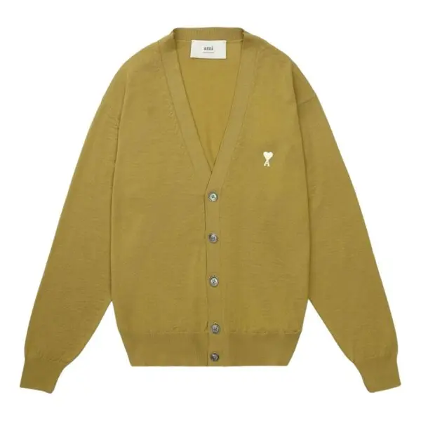 AMI Paris De Coeur Embroidery Cardigan - Mustard/off White
