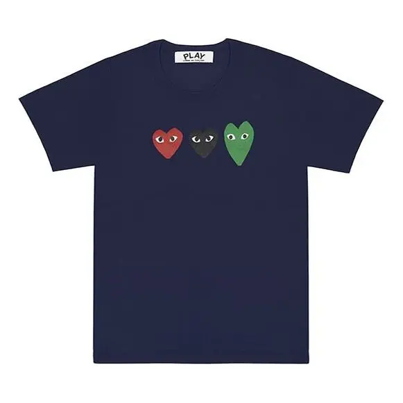 Play Comme Des Garcon Three Hearts Short Sleeve Tee - Dark Blue