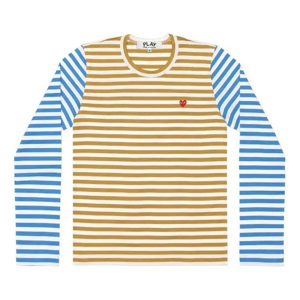 Play Comme Des Garcon L/s Bi-colour Striped Small Emblem T-shirt 'olive Blue - Olive/blue