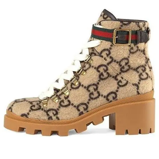 Gucci Gg Monogram Lace Up Combat Ankle Boots - Beige