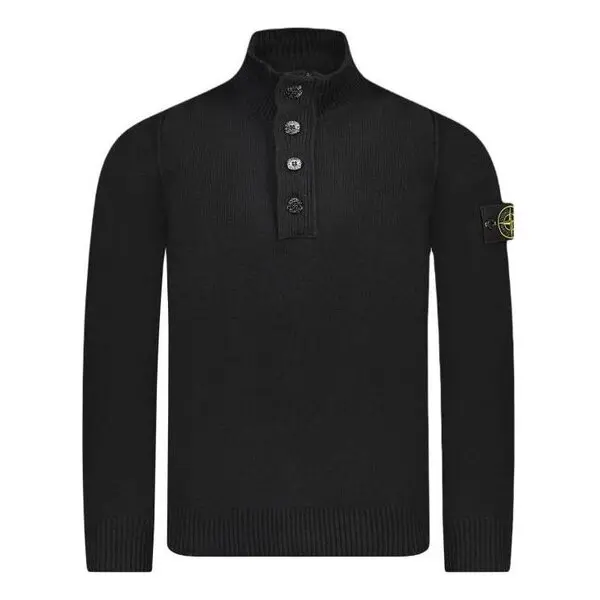 Stone Island High Neck Half Button Knit With Applique - Black