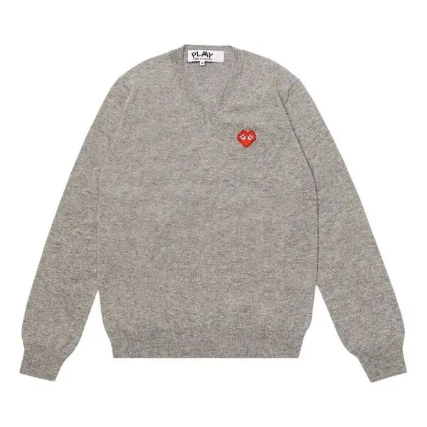 Play Comme Des Garcon V Neck Pullover With Heart Applique - Light Grey
