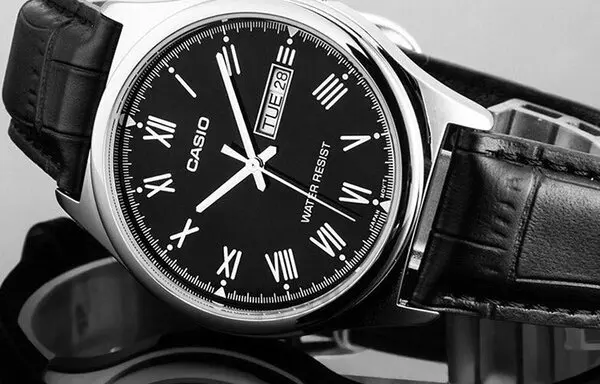 Casio Analog Watch With Leather Band And Water Resistance